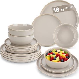 VANCASSO Playa Service de table pour 6 personnes, 18 pi&egrave;ces, moderne, en fa&iuml;ence, comprend un bol, des assiettes &agrave; dessert et des assiettes plates, passe au la