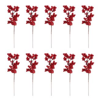 Lioobo 10 St&uuml;ck k&uuml;nstliche Stechpalmen-Zweige mit roten Beeren - Weihnachts-Deko-&Auml;ste f&uuml;r Gestecke, Kr&auml;nze & Tischdekoration (ca. 20-31 cm, Zufallsstil)