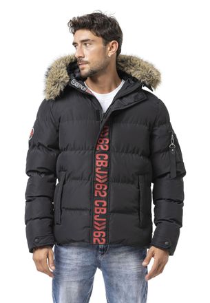 Cipo & Baxx Herren Mantel CM227 Schwarz - Stylische Winterjacke im modernen Design mit warmem Innenfutter, abnehmbarer Kapuze und funktionalen Details f&uuml;r kalte T