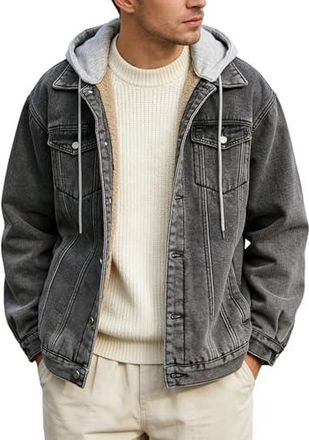 Generic Jeans Jacket for Men Sherpa Lined Denim Jackets Warm Casual Fleece Hoodie Winter Outerwear Gray Heavy X Large