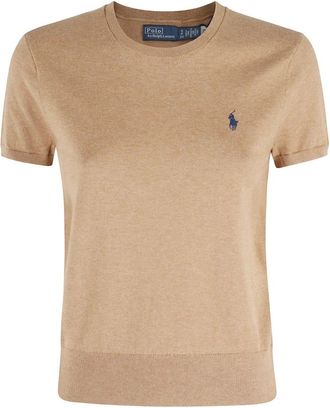 Polo Ralph Lauren Femme, Pulls, Brun, Taille: 38 FR Haut Tricot&eacute; Logo Manches Courtes