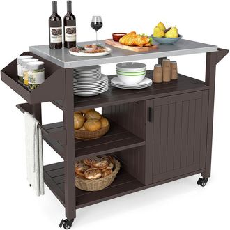 Costway Chariot de Grill Extérieur Mobile 116 x 50 x 87cm, avec Armoire, Étagères et Plateau en Acier Inoxydable, Porte-épices pour bbq, Camping, Fête