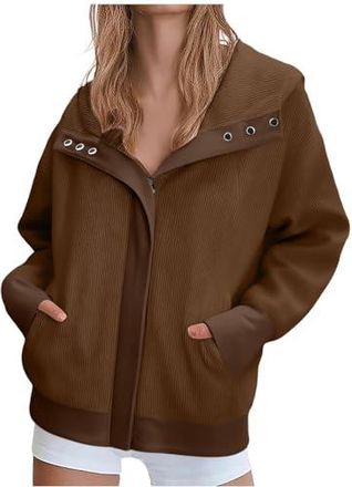 Generic Veste dextérieur décontractée et légère en velours côtelé pour femme, grande taille, veste confortable à manches courtes, café, L