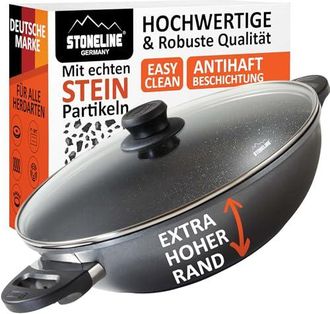 STONELINE Po&ecirc;le Wok 32 cm, avec Couvercle en Verre, Compatible &agrave; lInduction et au Four, Rev&ecirc;tement Antiadh&eacute;sif avec de vraies particules de pierre, Gris