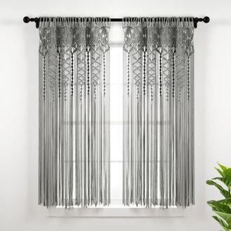 Lush D&eacute;cor strukturierter Makramee-Fenstervorhang aus Baumwolle im Boho-Stil, Einzel-Paneel, 101,6 x 160 cm (B x L), Grau