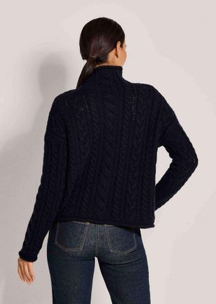 Madeleine Strickpullover Zopfpullover mit Strass & Stehkragen Grober Strukturstrick mit Rollkanten & funkelnden Steinchen
