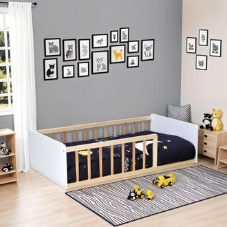 TERRE DE NUIT Lit enfant inspiration Montessori au sol &agrave; barreaux naturel et blanc 70x140