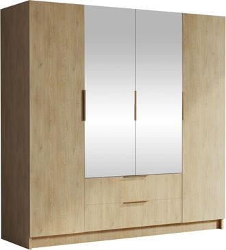 Mirjan24 Kleiderschrank mit Spiegel Sozor II 200, Schrank, Garderobe, Organizer, 4-türig, 2 Schubladen für mehr Stauraum, Aluminiumgriffe, gedämpftem Schließsy