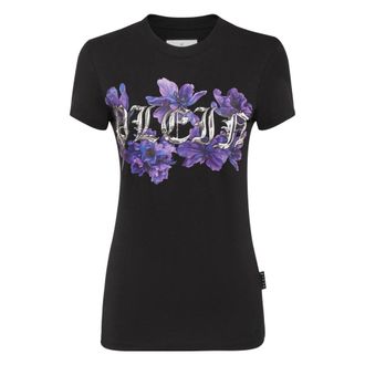 Philipp Plein T-Shirt Rundhals Pure Fit Flowers - - Tops - Damen - Schwarzk - XS