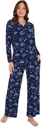 Disney Stitch Pyjama Femme Ensemble 2 Pi&egrave;ces avec Chemise &agrave; Boutons et Pantalon Long, Pyjama Hiver Chaud Confortable (2XL, Bleu Stitch)