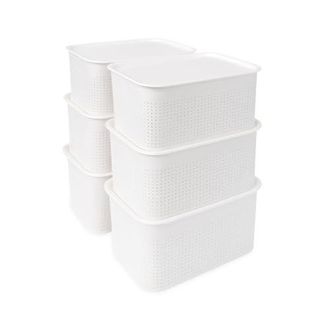 Relaxdays Aufbewahrungsbox 6er Set, mit Deckel, Organizer-Box 5 L, HBT: 13x26,5x19 cm, Stapelbox Kunststoff, weiß