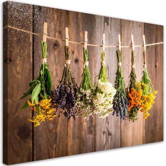 Feeby Wandbilder - Bilder Esszimmer - H&auml;ngende getrocknete Kr&auml;uter Gew&uuml;rze - 60x40 1tlg - K&uuml;che Bild Gro&szlig; - Wohnungs - Foto Geschenk - Leinwand Wall Art - W