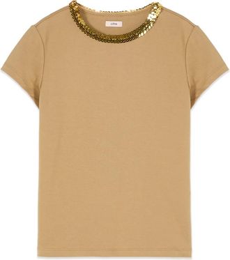 Oltre Femme, Tops, Beige, Taille: 42 FR T-shirt avec d&eacute;tail de sequins
