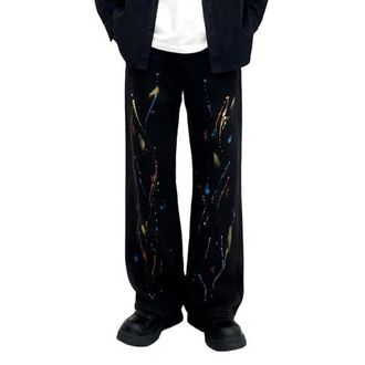 Generic Jean baggy pour homme - Spray droit - Classique et confortable - Pantalon extensible - Motif &eacute;claboussures - Pantalon de loisirs - Pantalon en jean d&eacute;