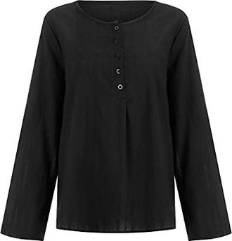 Generic Chemise en lin &agrave; manches longues pour femme - T-shirt en coton &agrave; col en V pour femme - Chemise l&eacute;g&egrave;re pour femme - Taille unique - Coupe d&eacute;contract&eacute;e 