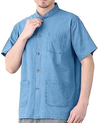 Generic Hauts en lin blanc pour homme - Chemise blanche l&eacute;g&egrave;re pour homme - Coupe ajust&eacute;e - Chemise d&eacute;contract&eacute;e &agrave; manches longues - T-shirt en coton - T-shir