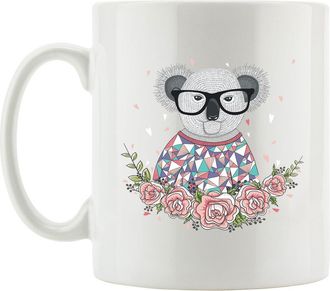 Pixxprint Hipster Koala mit Rosen Fun Tasse, ca. 300ml Fassungsverm&ouml;gen, Keramik Wei&szlig;, Sp&uuml;lmaschinenfest