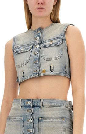 Courr&egrave;ges 100% Cotton Cropped Top - Denim