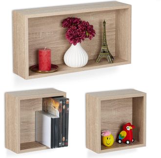 Relaxdays Wandregal Würfel, 3er Set, Schweberegal Holzoptik, 2 Größen, rechteckig & quadratisch, Würfelregal Wand, Natur