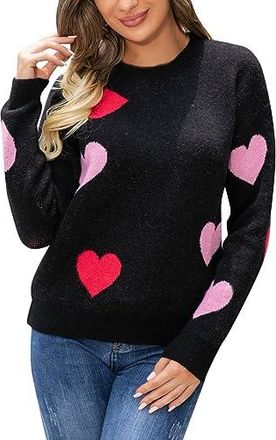 Generic 2026 Pull en tricot &agrave; col rond pour femme Motif coeur Automne et hiver, Noir, XL
