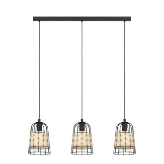Eglo Pendelleuchte Anwick, 3 flammige H&auml;ngelampe Vintage, Boho, H&auml;ngeleuchte aus Stahl und Rattan, Esstischlampe, Wohnzimmerlampe h&auml;ngend in Schwarz, Natur