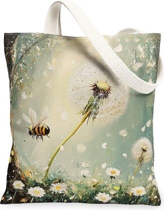 Generic Sac fourre-tout en toile r&eacute;utilisable pour le shopping 33 x 38 cm, motif pissenlits printaniers, abeilles, sac d&eacute;picerie r&eacute;utilisable pour femme, pein