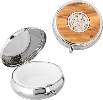 NKlaus Hostiendose mit Josef und Jesus - Rosenkranz Metalletui 6cm klein aus Metall & Olivenholz mit Reliefmotiv, kompakt & spirituell f&uuml;r unterwegs