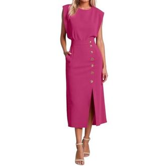 Generic Robe d&eacute;t&eacute; d&eacute;contract&eacute;e pour femme - Col en V - Coupe ajust&eacute;e - Fente lat&eacute;rale - Bouton en m&eacute;tal - &Eacute;l&eacute;gante robe midi, rouge, XXL