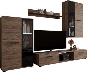 Mirjan24 Wohnwand Salsa, Design Mediawand, Modernes Wohnzimmer Set, Anbauwand, Hängeschrank, Vitrine, TV Lowboard, (Nuss Okapi, mit Blauer LED Beleuchtung)