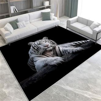 Generic Tapis de Salon Noir, Tapis Poil Court Doux Lavable Animal Tigre Blanc - Moquette int&eacute;rieur Antid&eacute;rapant 60 x 90 cm pour Chambre &agrave; Coucher Bureau D&eacute;cor