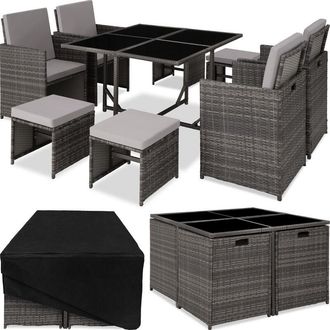 TecTake Tectake - Ensemble table et chaises de jardin 8 places - R&eacute;sine tress&eacute;e marron - Housse de protection incluse - Design compact et encastrable