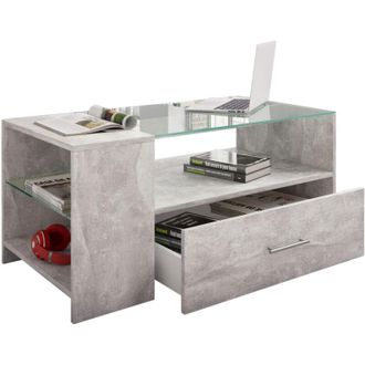 ebuy24 Tindala Couchtisch mit Glasplatte, 1 Schublade, 3 Regale Beton-Optik