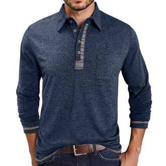 Generic Polo &agrave; manches longues pour homme, coupe ajust&eacute;e, d&eacute;contract&eacute;, business, confortable, respirant, tissu m&eacute;lang&eacute;, avec poche de poitrine pour le quotidi