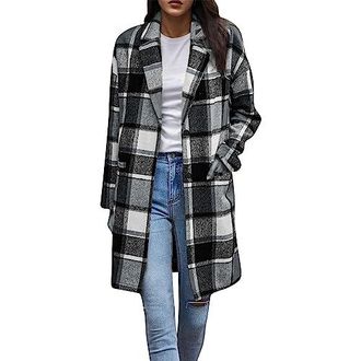 Generic Trench-Coat Femme Automne/Hiver en Laine &agrave; Carreaux avec Col Rabattu et Poche, blanc, XL