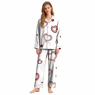 Generic Ensemble de pyjama 2 pi&egrave;ces en satin pour femme avec imprim&eacute; coeur romantique et haut &agrave; boutons &agrave; revers et pantalon pour femme, v&ecirc;tements de d&eacute;tente 