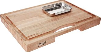 John BOOS Boos Block Schneidebrett mit Auffangschale - 38,1 x 35,6 x 5,7 cm - Schneidebrett Holz mit Griff - Ahornbrett - Multifunktionsbrett - Hackbrett - Flei