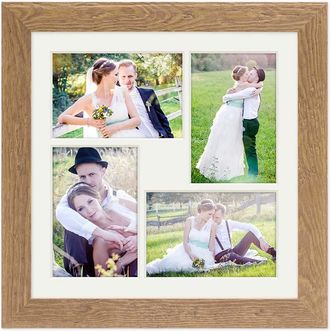 Photolini Bilderrahmen 30x30 cm Holz Eiche-Optik, Collage Rahmen 4 Fotos, Passepartout, Echtholz-Rahmen rustikal, Strandhaus, Made in Germany, Echtglas, zum Auf