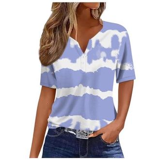 Generic Tshirt Femme K Tops avec Col en V Boutons Chemises &agrave; Manches Courtes Blouses &Eacute;l&eacute;gantes Imprim&eacute; G&eacute;om&eacute;trique T-Shirt Haut V&ecirc;tements, bleu fonc&eacute;, XXL