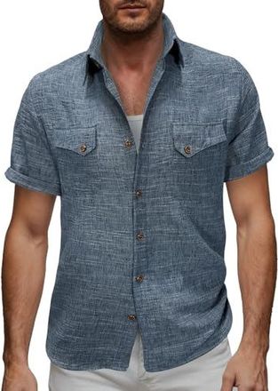 Generic Chemise boutonn&eacute;e en coton et lin pour homme - Manches courtes - Col &agrave; revers - Coupe ample - Doux - Extensible - Pour la plage hawa&iuml;enne - Pour le pr