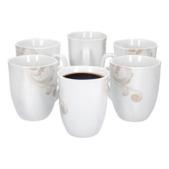 Van Well | 6er Set Kaffeebecher Festivo | 300-350 ml | Jumbo-Tasse | XL-Becher | Tee-Pott | Weihnachten | edles Porzellan-Geschirr | Blumen-Ranken | weiß