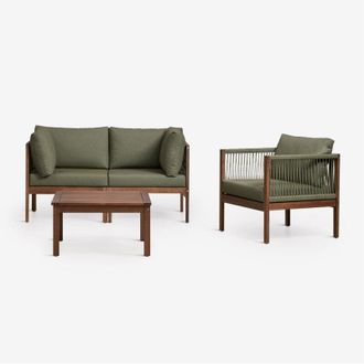 Sklum Gartenset mit 2-teiliger modularer Sofaeinheit mit Armlehnen, Sessel und Couchtisch aus Akazienholz Branson Tiefes Gr&uuml;n Olive Akazienbraun