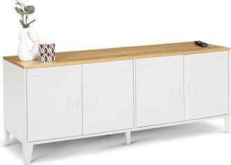 IDMarket Sideboard, niedrig, 140 cm, Ester, 4 T&uuml;ren, Metall, wei&szlig;, Holzplatte, industrielles Design