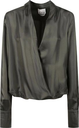 SA SU PHI Chemise en twill de soie &agrave; croisement - Femme - Blouses et Chemises - Vert - Taille: 44 FR