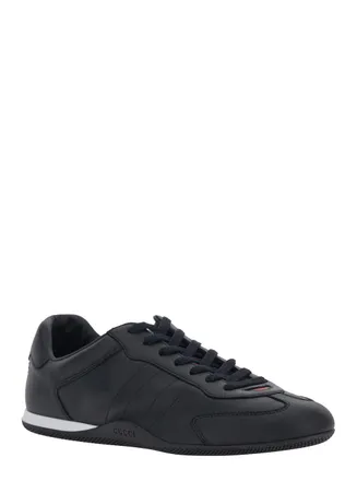 Gucci Mens Low Top Sneakers Web Detail Black Leather Calf Trainers