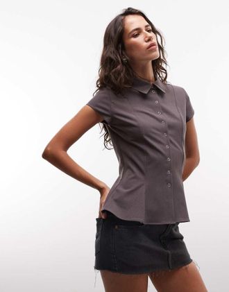 Weekday Chemise &agrave; manches courtes et fines rayures - Taupe-Gris