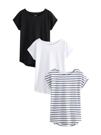 Next Damen T-Shirts mit Fl&uuml;gel&auml;rmeln, 3er-Pack Schwarz/Wei&szlig;/Streifen 38