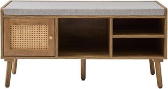 Calicosy Schuhbank mit 1 T&uuml;r aus Rattan mit 3 offenen H&ouml;hlen - Kissen aus Polyestergewebe - Gold-Knopf - Kollektion Palmo - Eingangsbereich, Schlafzimmer - L 1