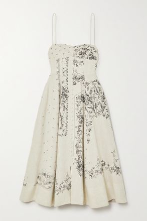 Erdem Catalina Midikleid Aus Leinen Mit Blumenprint - Ecru