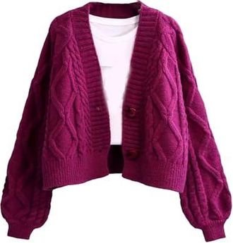Generic Cardigan tricot&eacute; pour femme - Printemps - L&acirc;che - SLE - Haut boutonn&eacute; - Manches longues - Col en V, violet/rouge, Taille XS