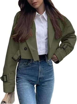 ORANDESIGNE Trench-Coat Court pour Femme Veste Courte avec Ceinture Revers Manches Longues Casual Double Boutonnage Crop Trench Uni Veste A Arm&eacute;e Verte XS
